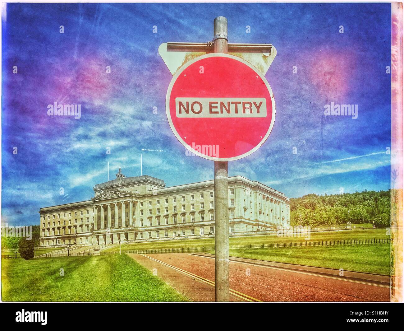 A retro film effect image of a No Entry sign on a road up to the ...