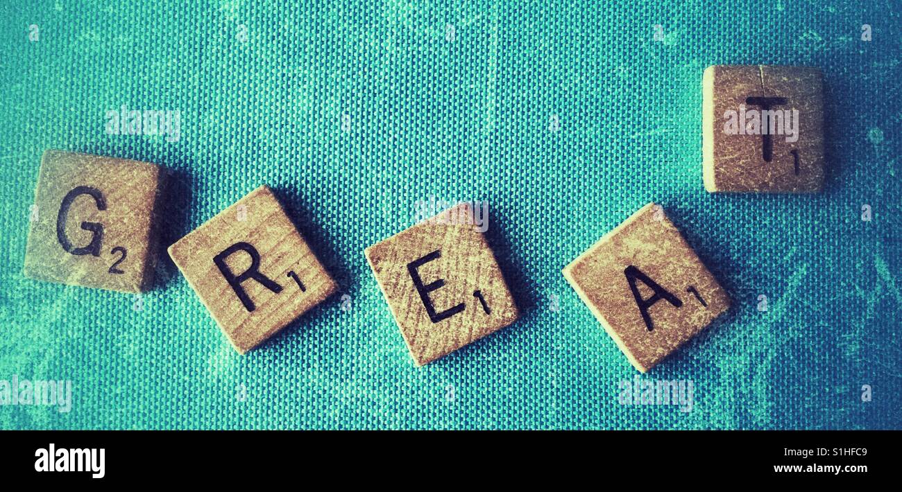 Scrabble letters spell 'great' Stock Photo - Alamy