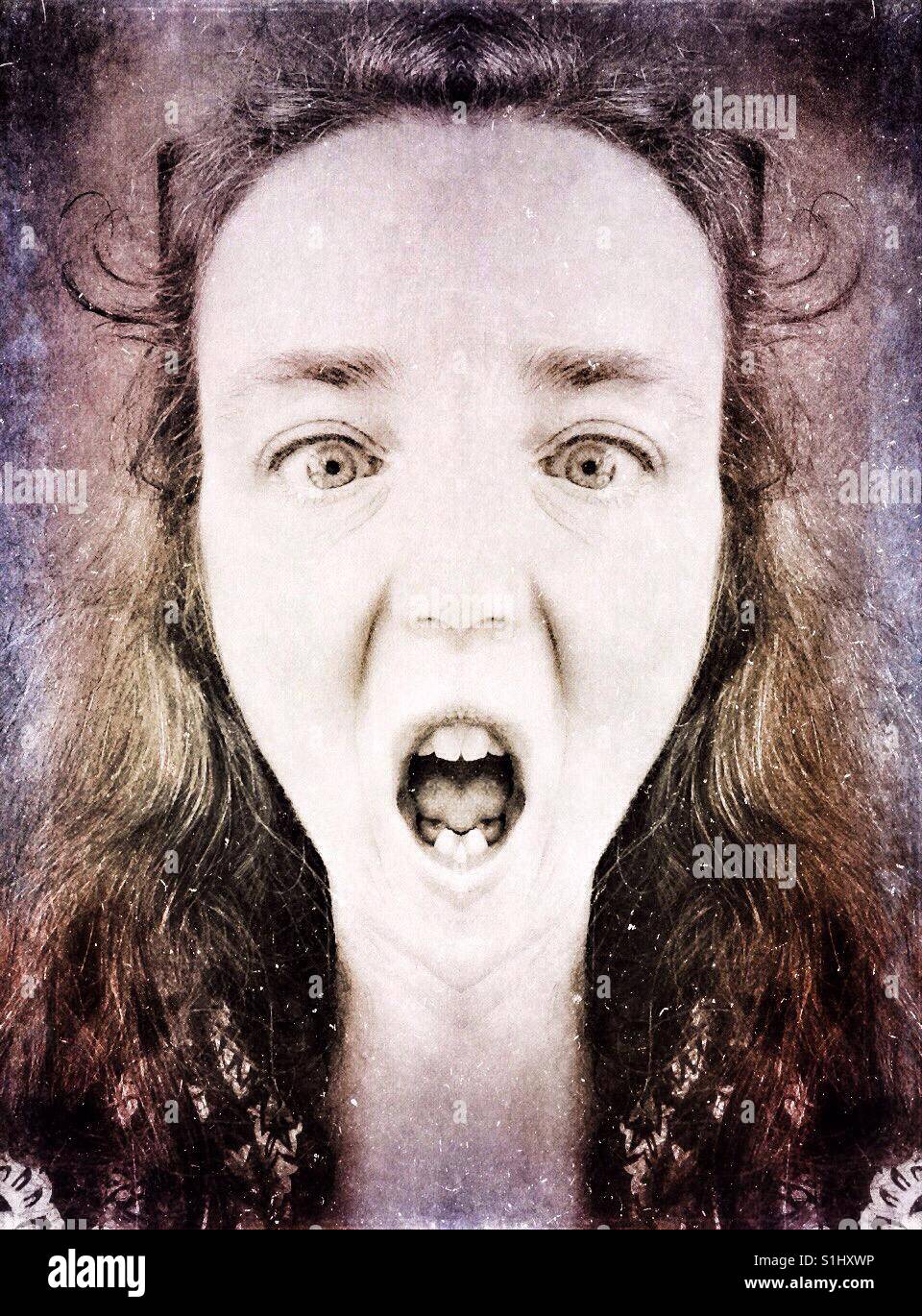 Creepy woman's face, digitally altered, scary/scared Stock Photo - Alamy