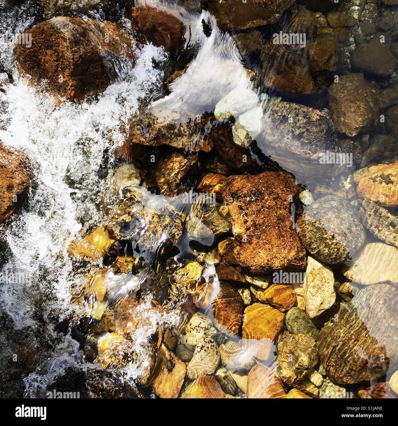An overhead close up shot of a crystal clear mountain stream Stock ...