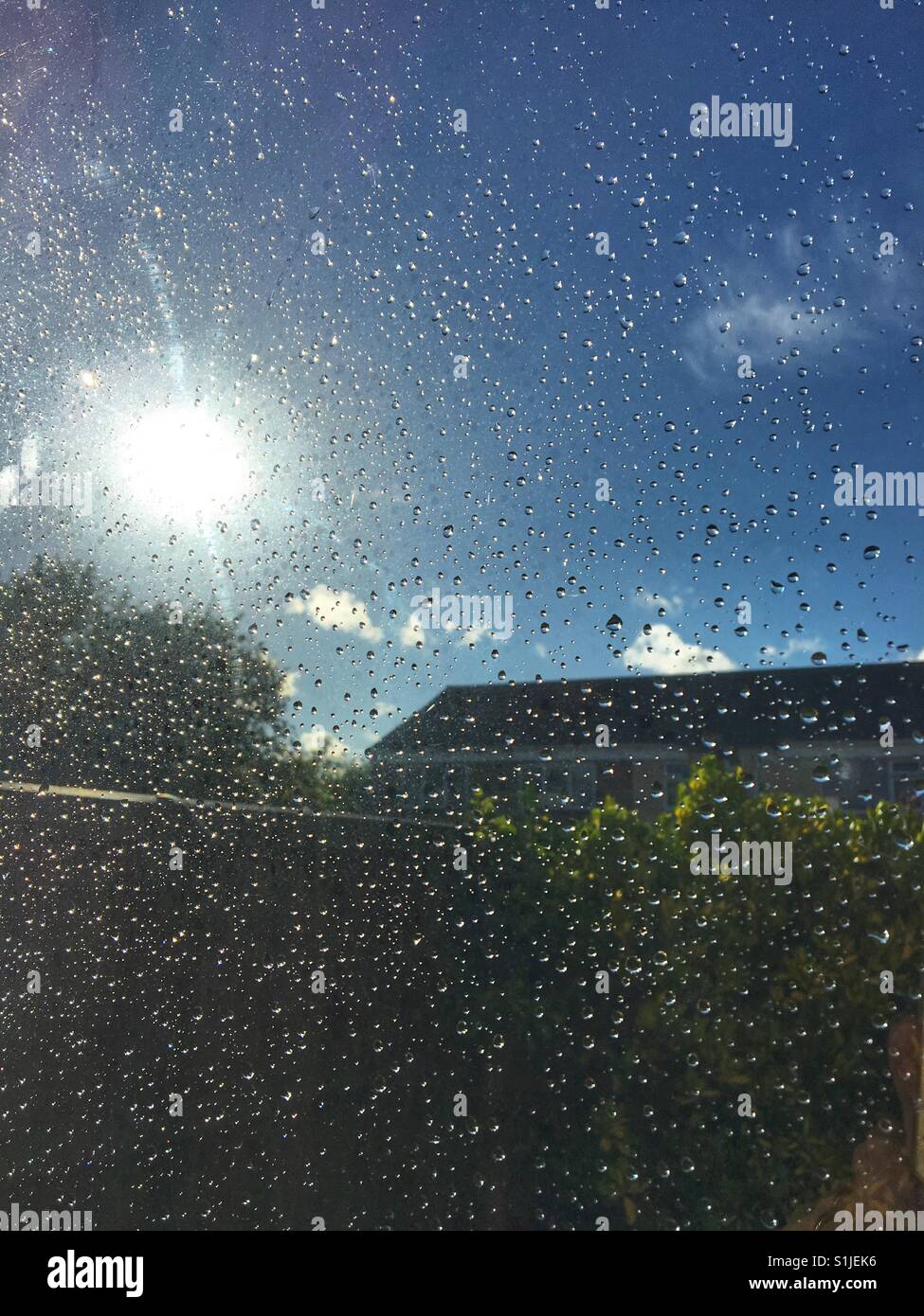 Summer showers. Bright sunlight shining through a window scattered with ...