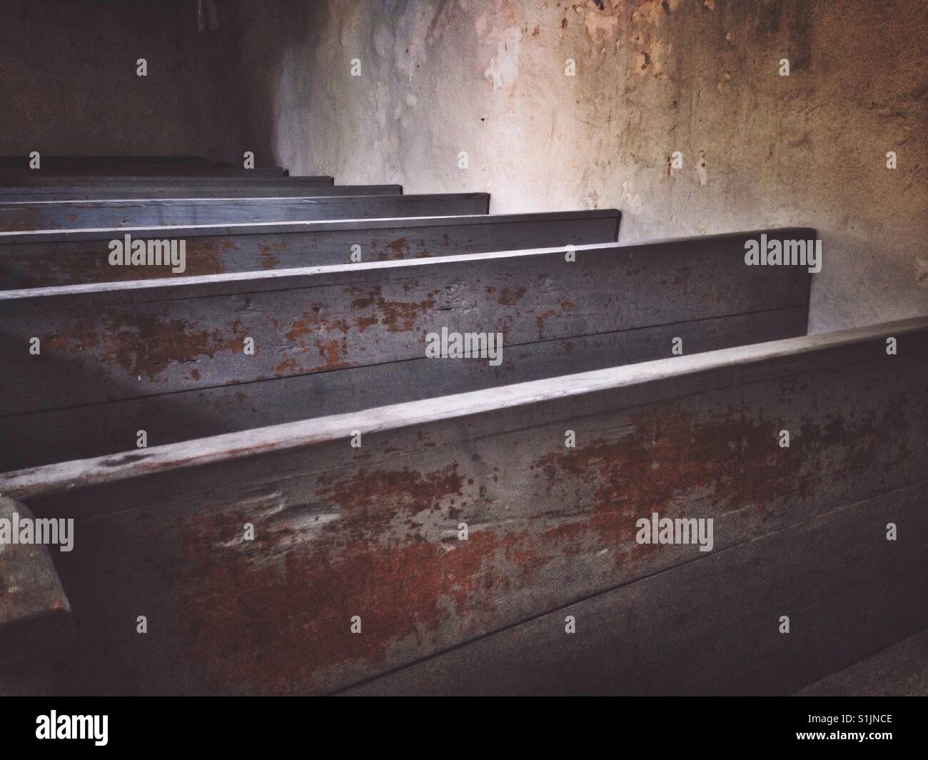 Wooden benches in a medieval church Stock Photo - Alamy