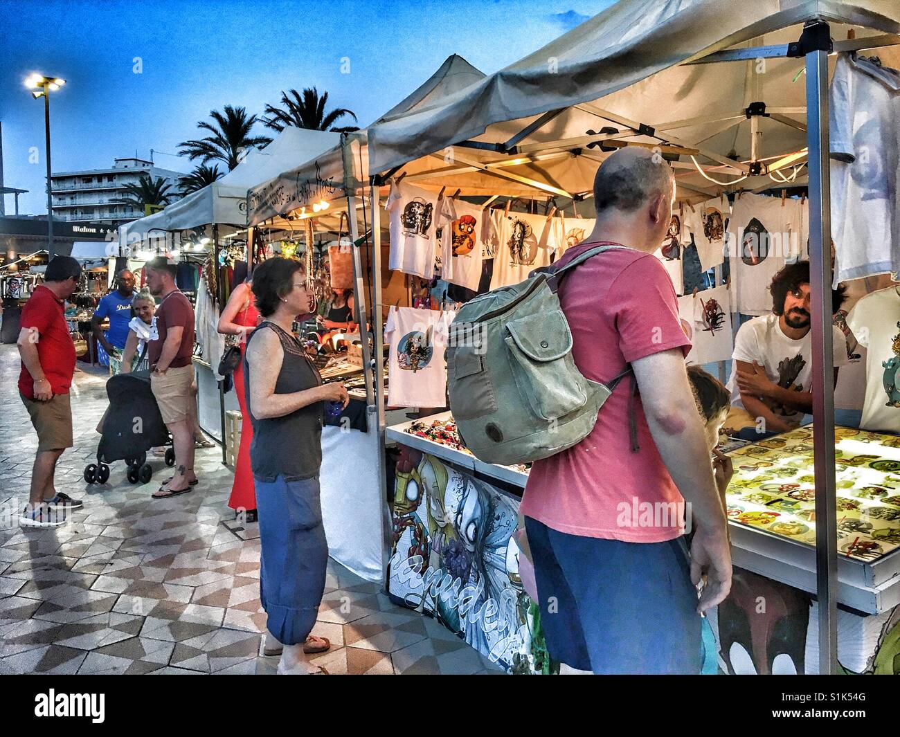 Summer crowds at the Night market on the Arenal, Javea, Alicante, Spain ...