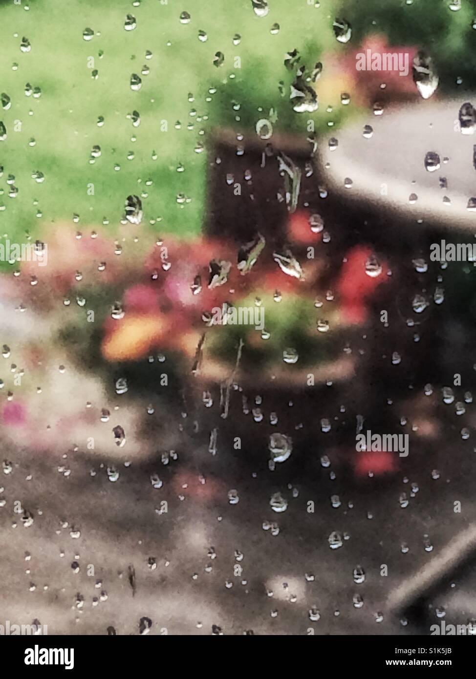 Rain drops on a window looking out at a pretty garden during a downpour ...