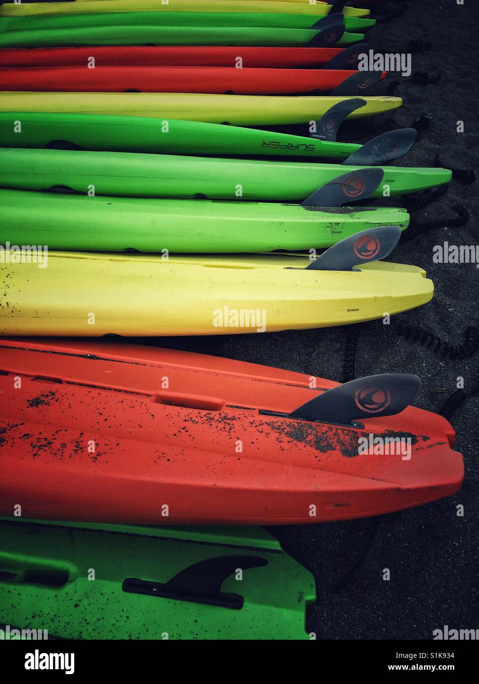 Row of colorful paddleboards on the beach Stock Photo - Alamy