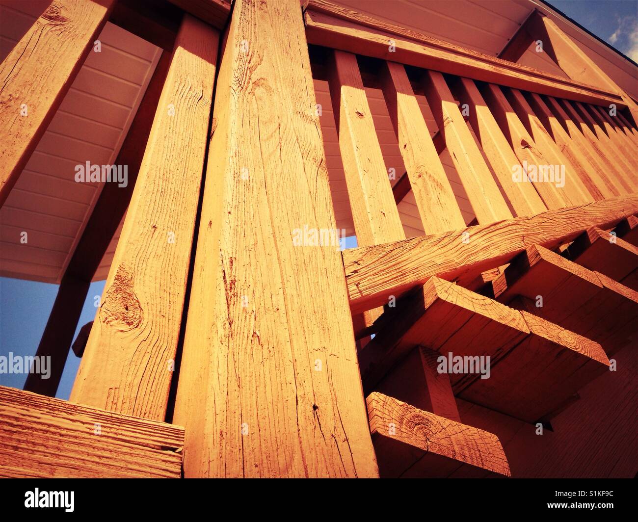 Safety railing on wooden stairs at North Carolina church Stock Photo ...