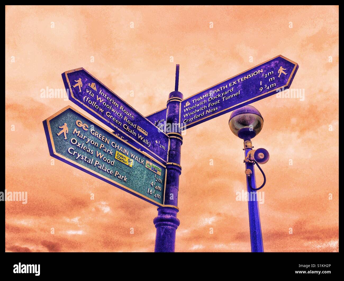 Direction signs on Thames path and Green Chain walk Stock Photo - Alamy