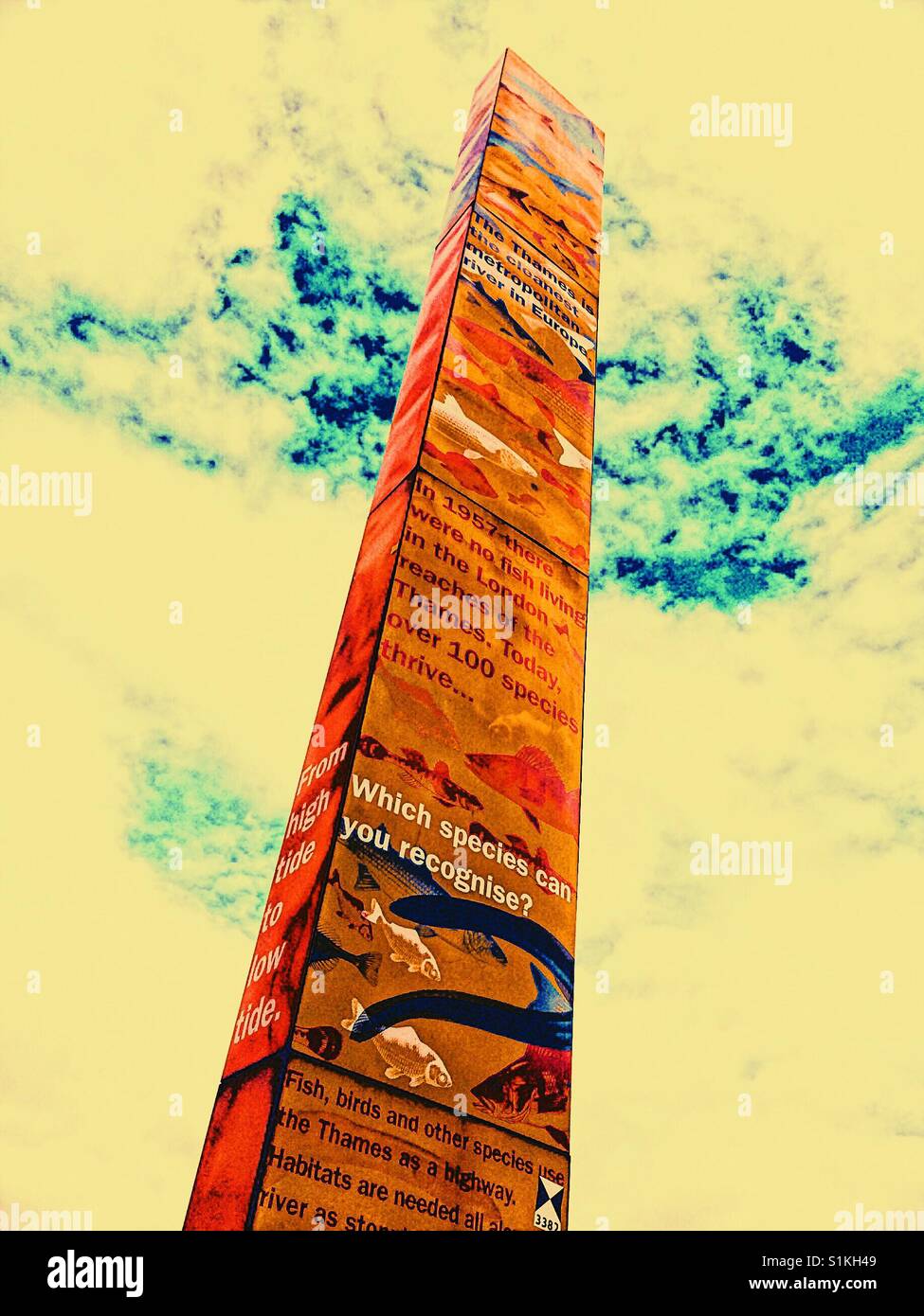 Information marker about fish species in river Thames, Thames path ...