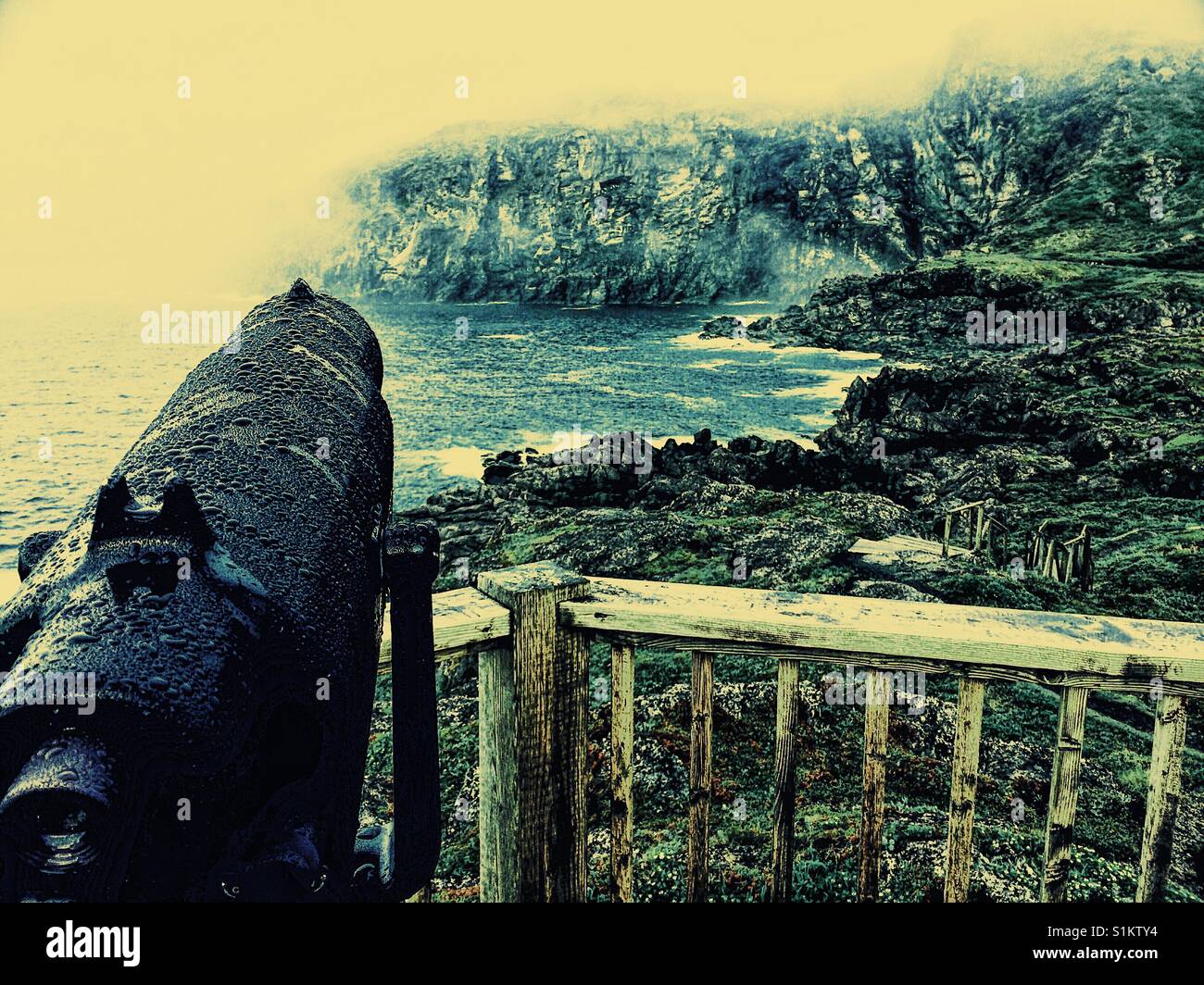 Telescope on viewing platform, Fishing Point, St Anthony, Newfoundland ...