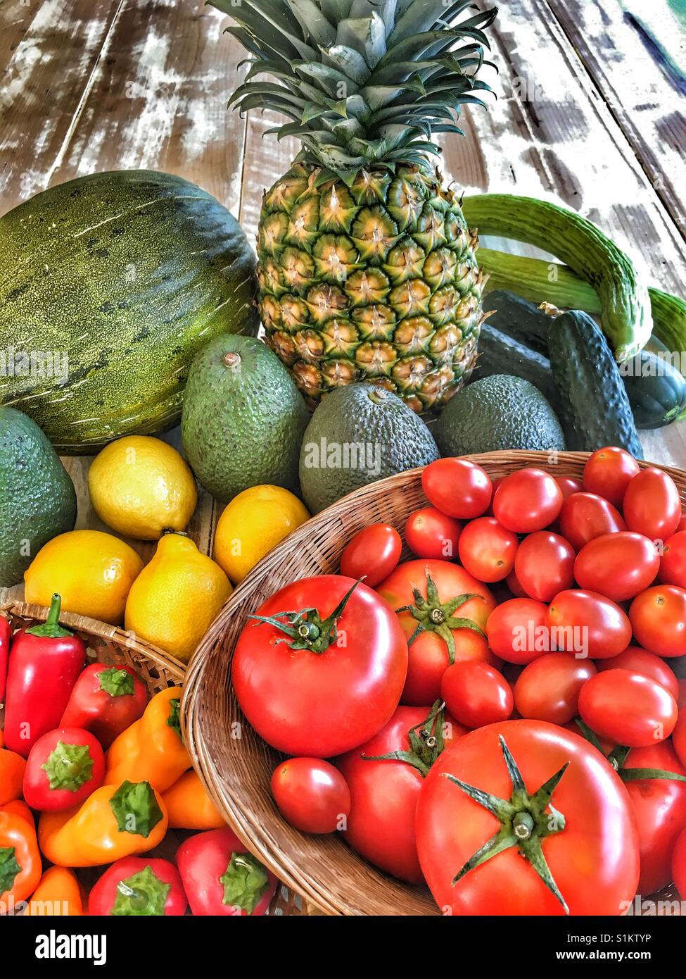 Homegrown organic red and orange coloured capsicums in a basket ...