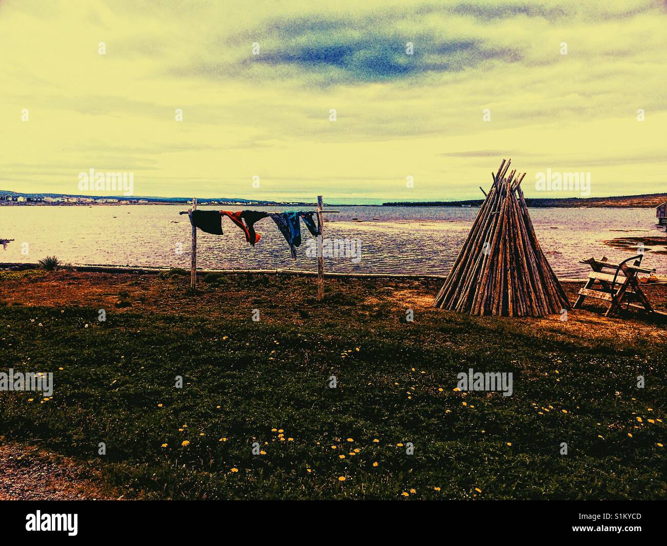 Wigwam made of tree branches and washing, Newfoundland, Canada Stock ...
