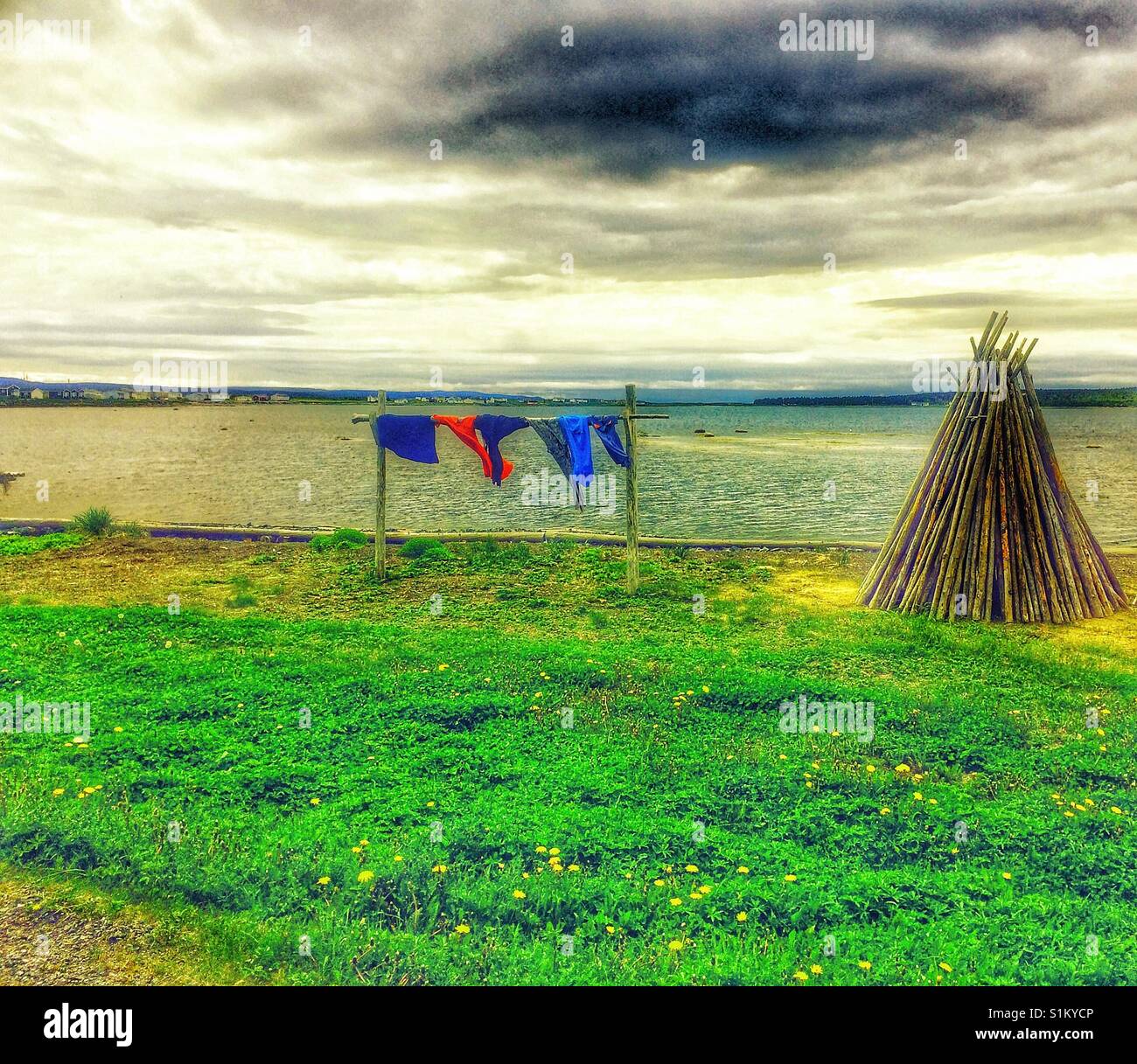 Wigwam made of tree branches and washing line, Newfoundland, Canada ...
