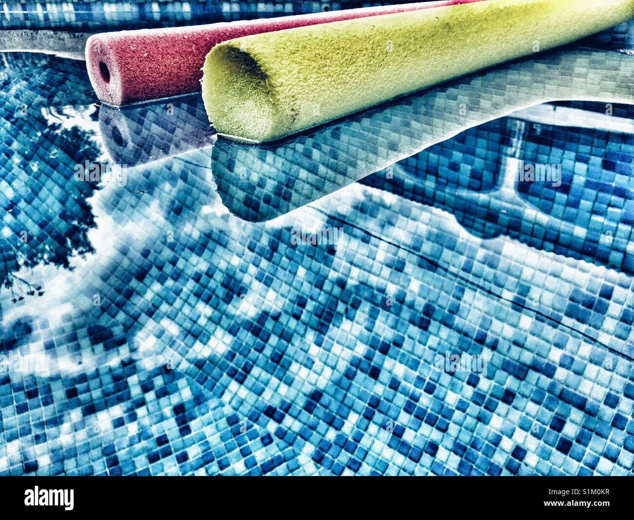 Pool noodles floating in a swimming pool Stock Photo - Alamy