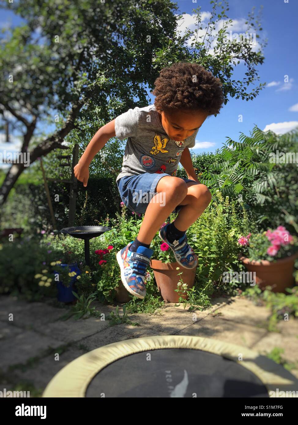 A little boy jumping on a garden trampoline Stock Photo - Alamy