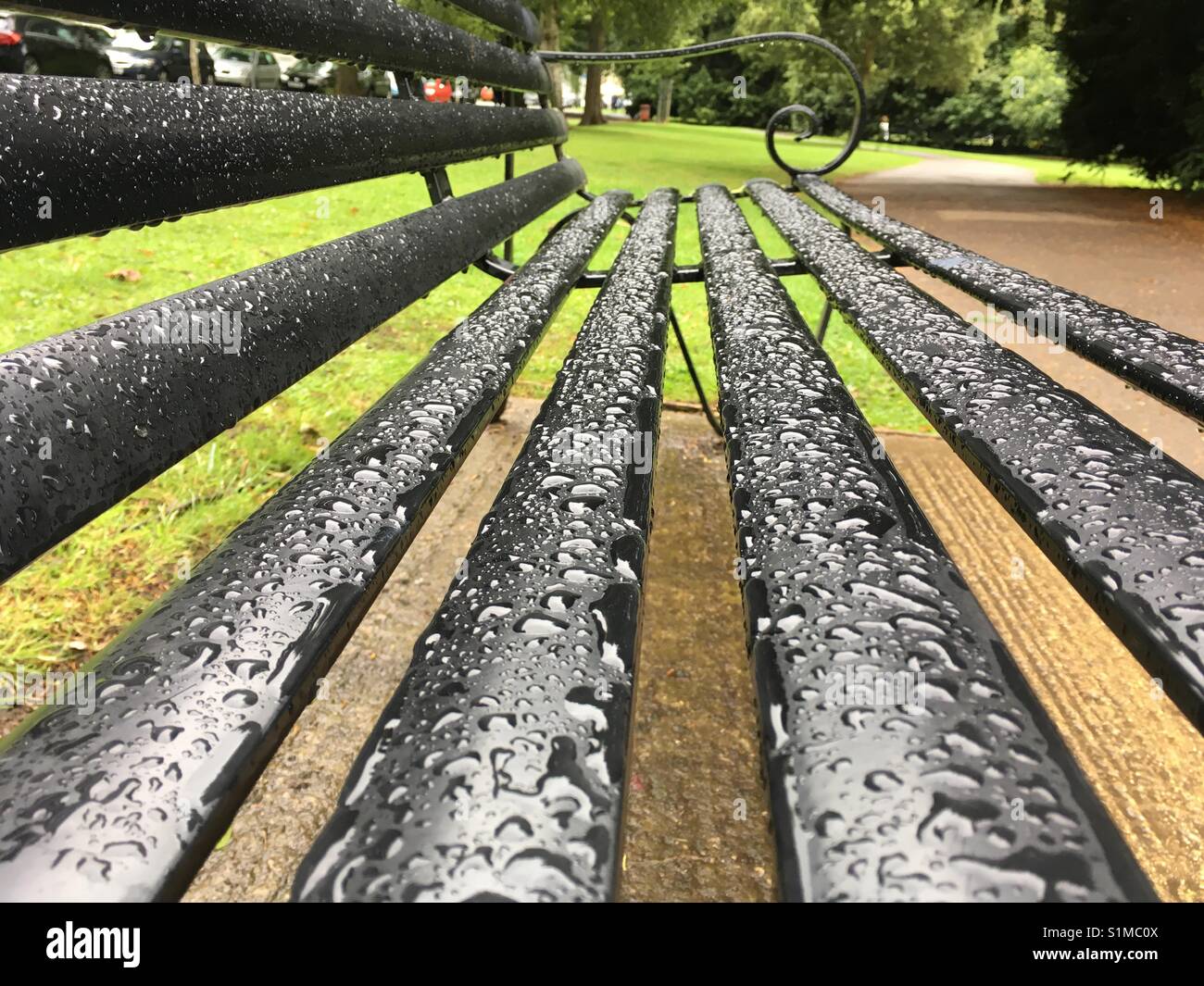 Wet Park bench Stock Photo - Alamy