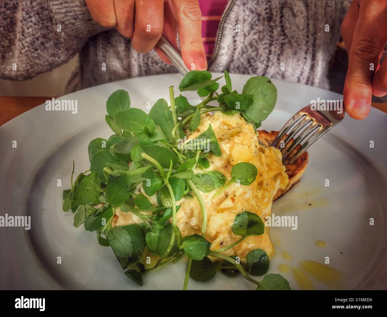 Woman eating scrambled eggs on toast Stock Photo - Alamy