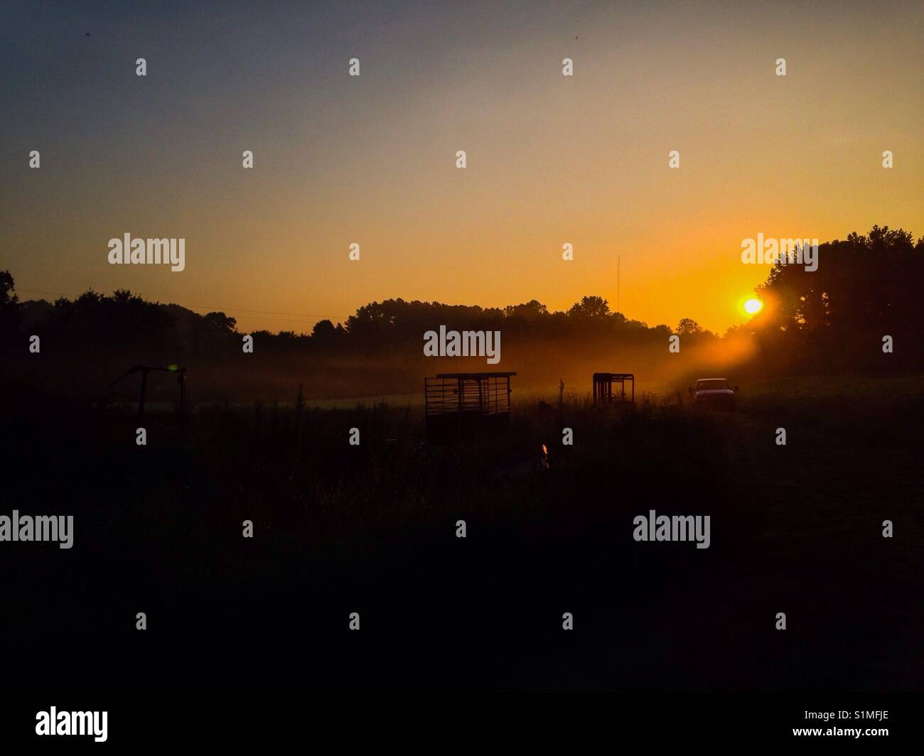Golden glow on the farm- sunrise through mist and farm equipment in ...