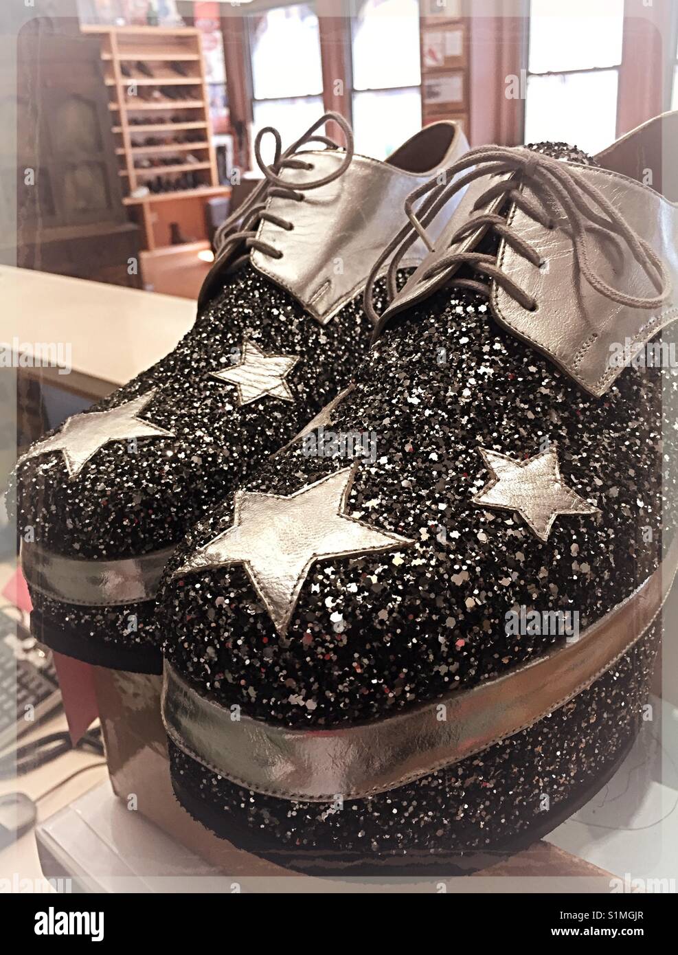 Custom made men's shoes, black and silver with stars, USA Stock Photo ...