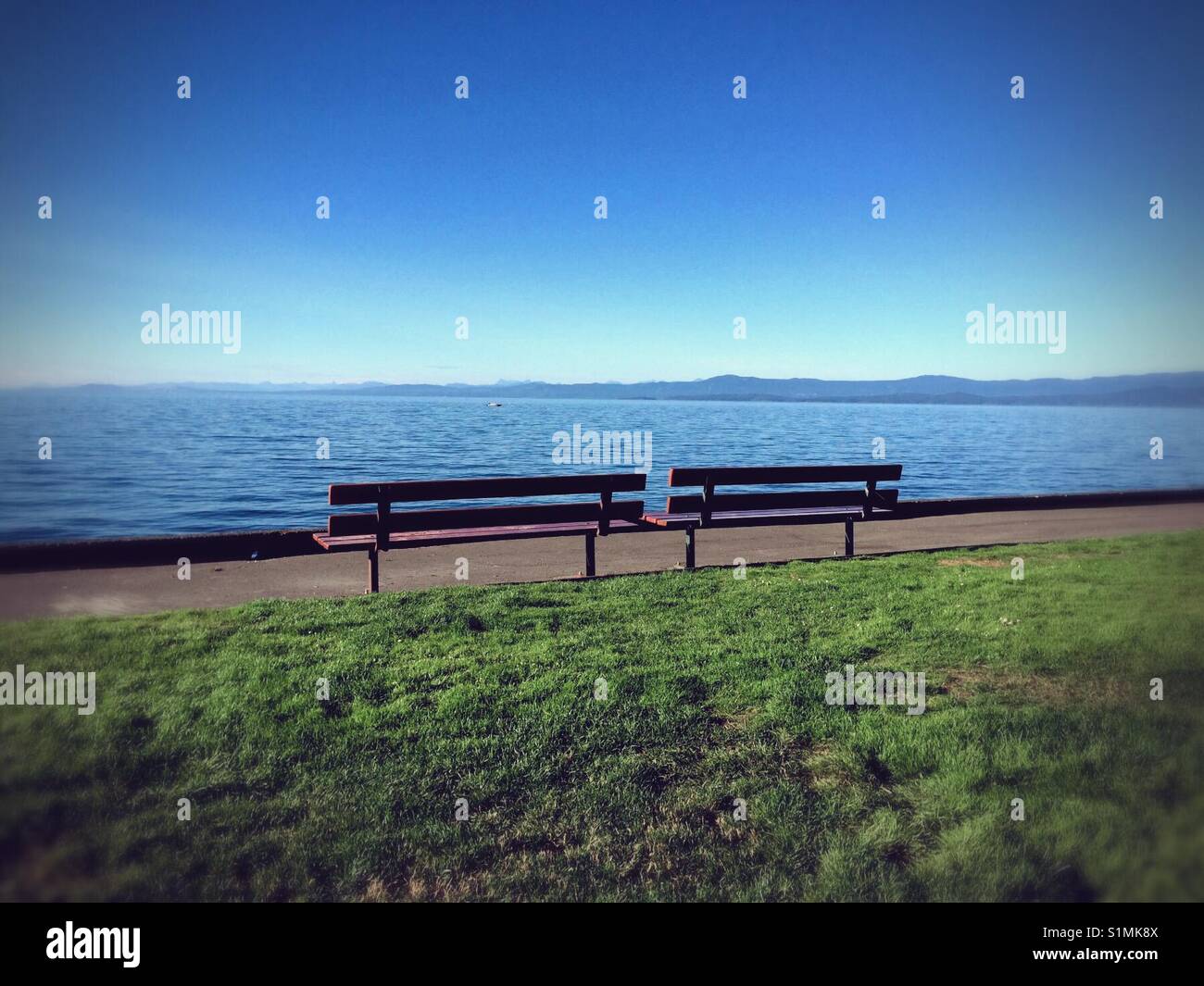 Two park benches facing the ocean Stock Photo - Alamy