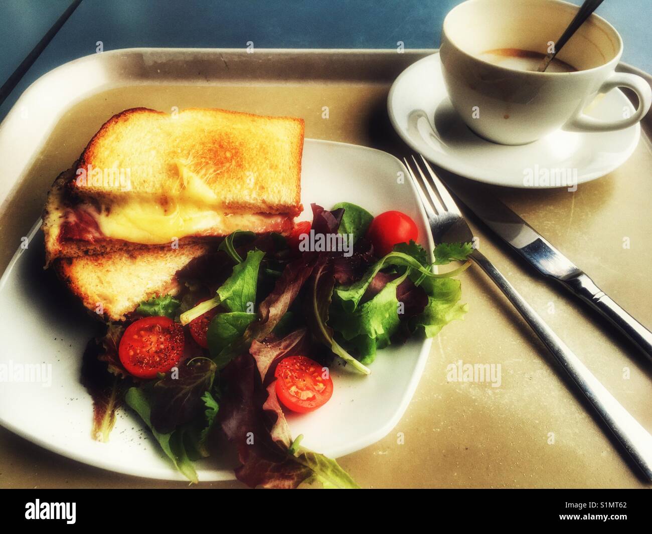 Waitrose cafe cheese and ham toasted sandwich and coffee Stock Photo ...