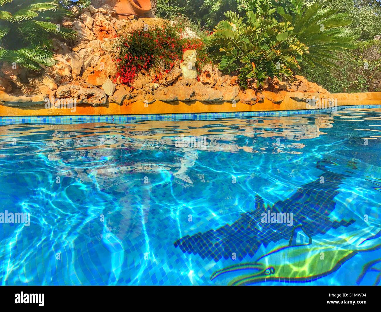 Sparkling water in a blue tiled swimming pool with integral rockery ...