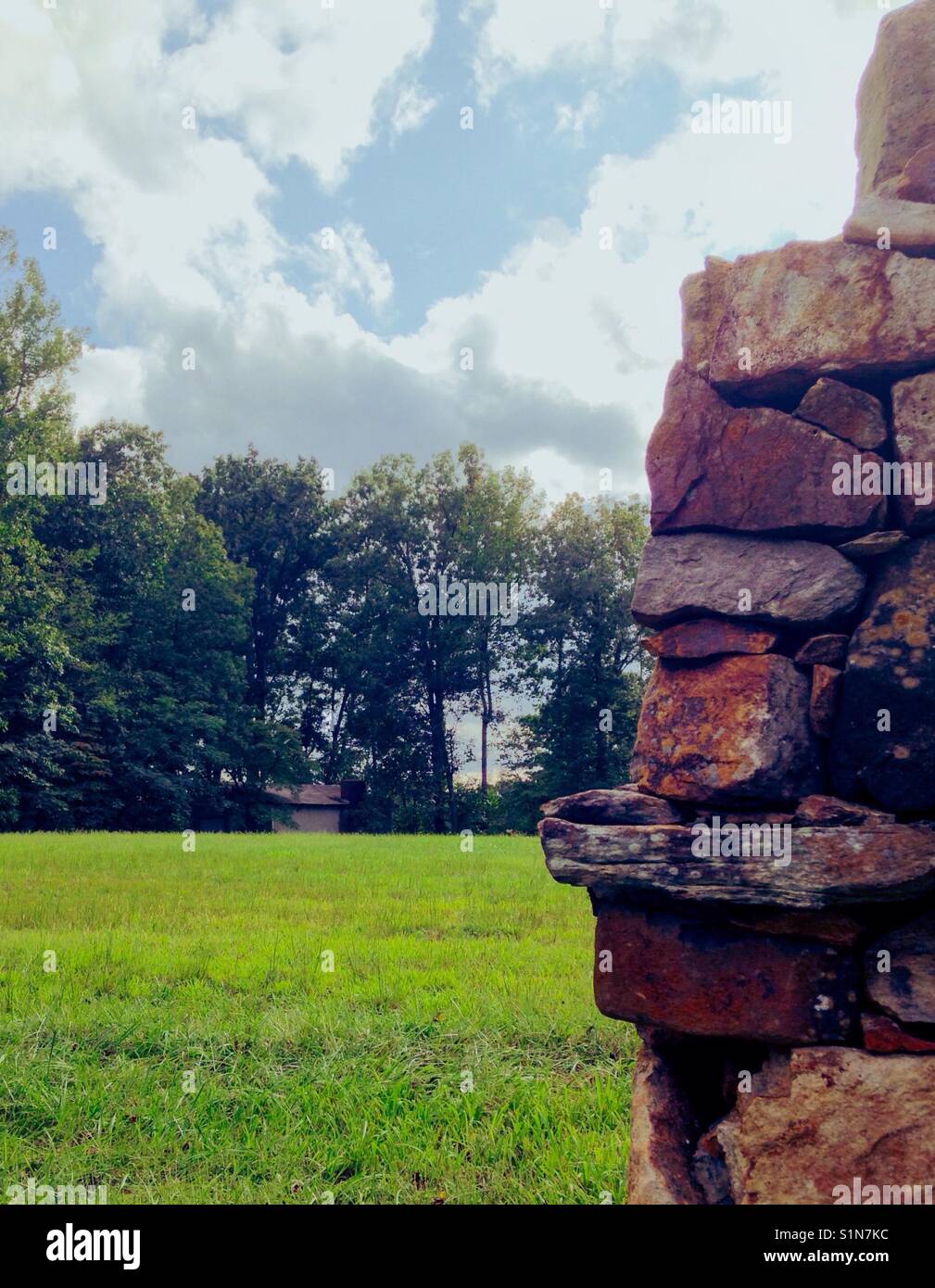 Dry stacked rock column at historic Thyatira church cemetery in Rowan ...