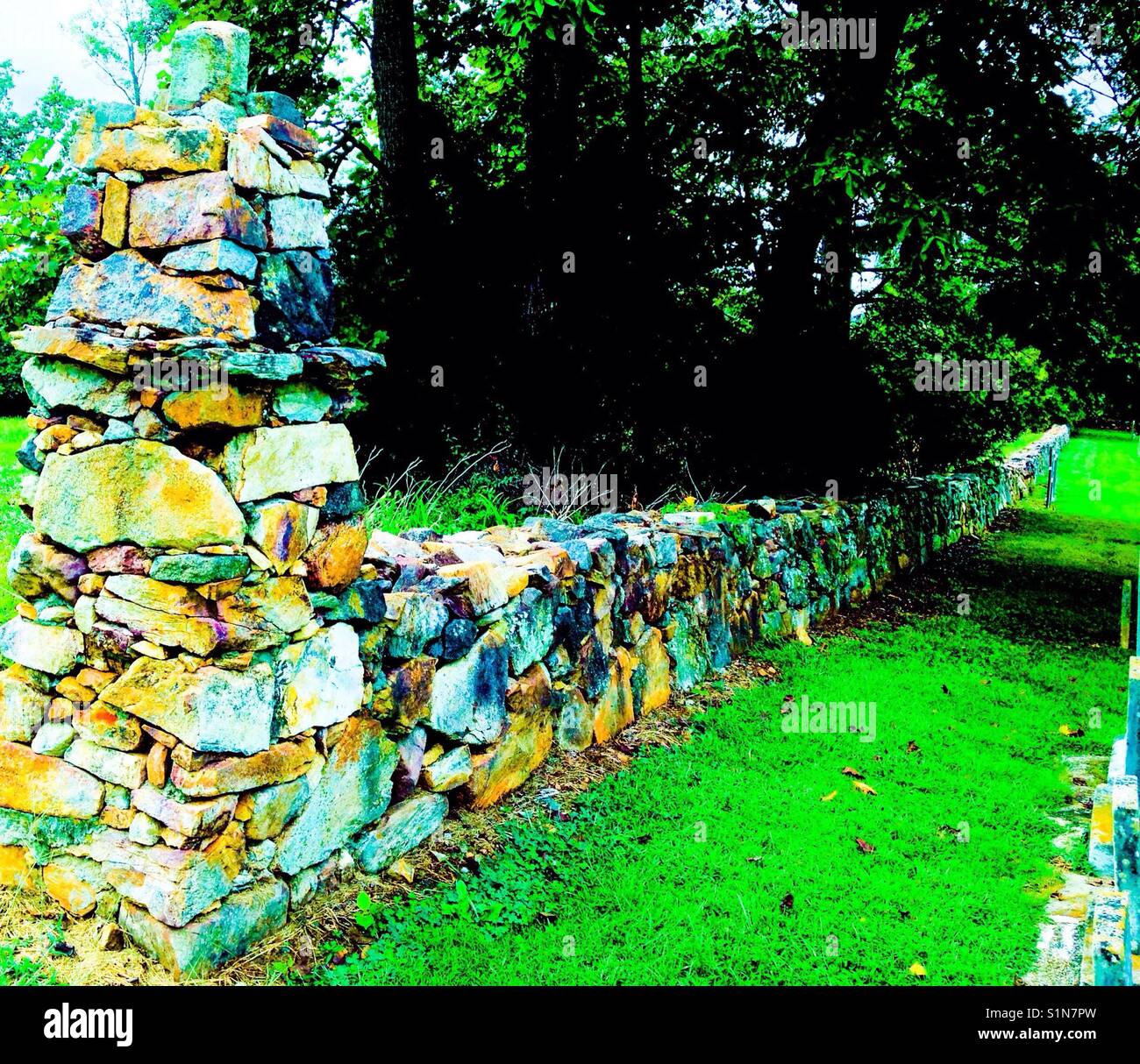Old textured dry stacked rock column and wall in historic Thyatira ...