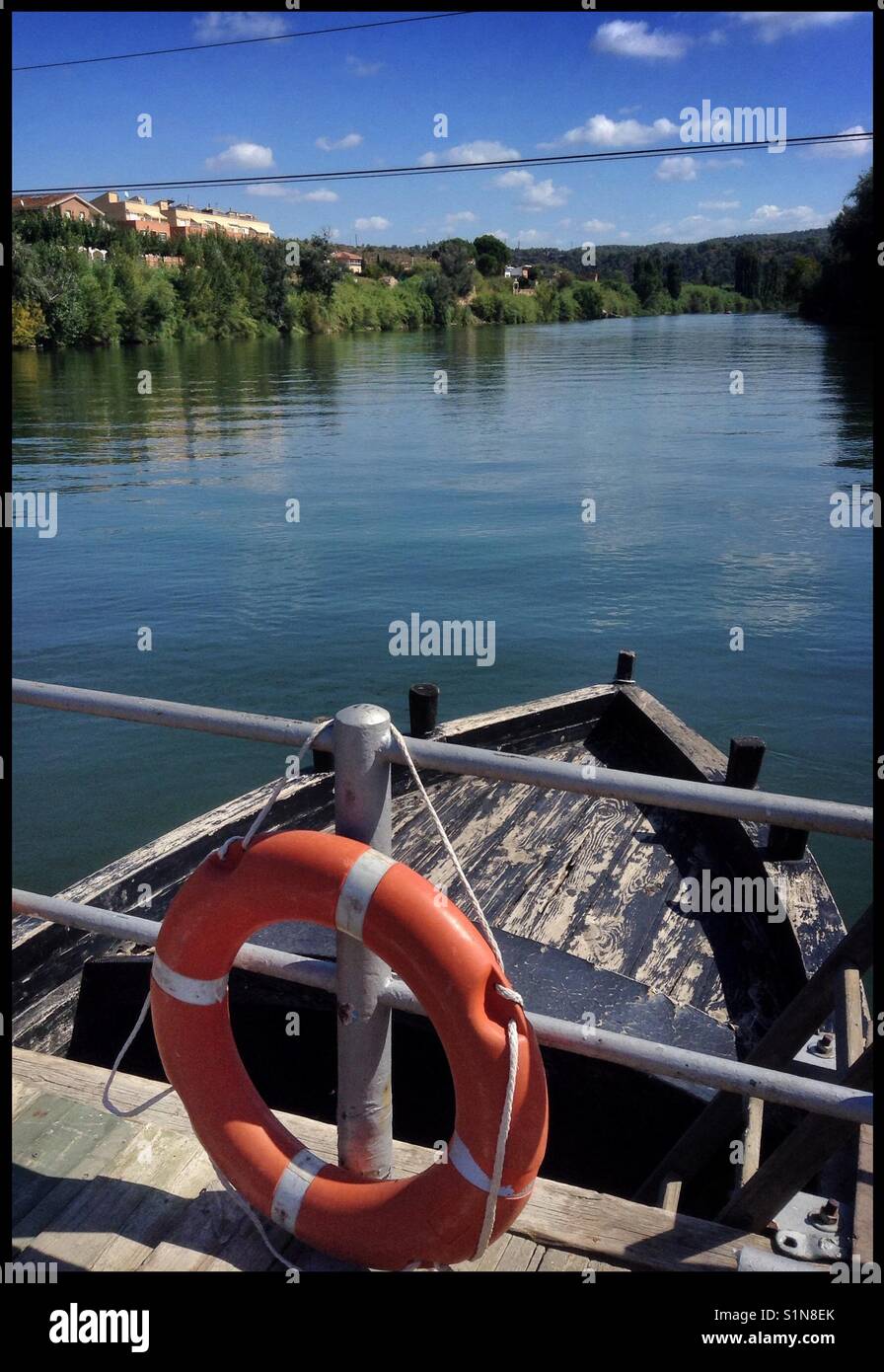 Crossing the River Ebro by barge at Flix, Catalonia, Spain Stock Photo ...