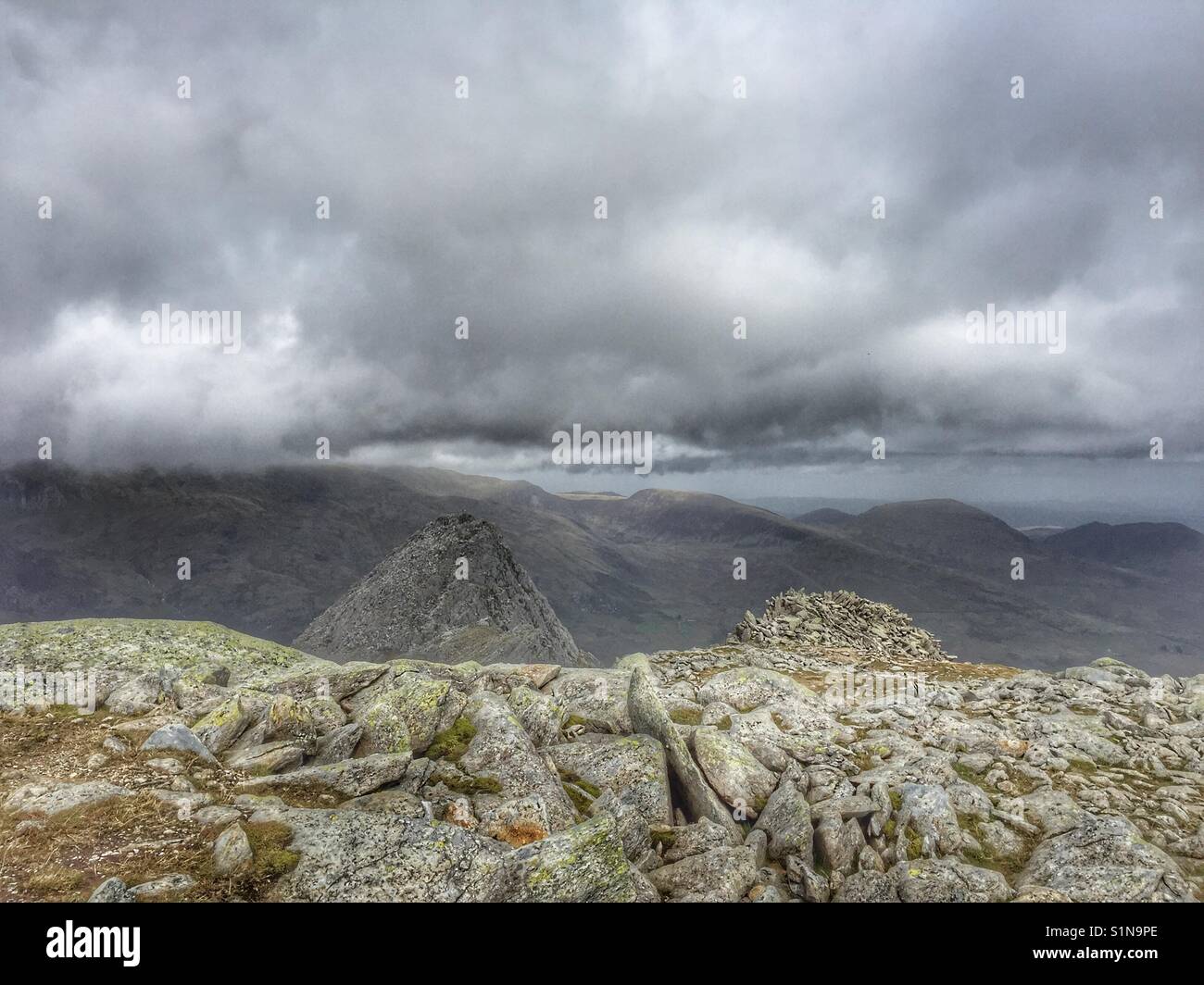 Tryfan mountain part of the Glyders, Snowdonia, from Glyder Fach Stock ...
