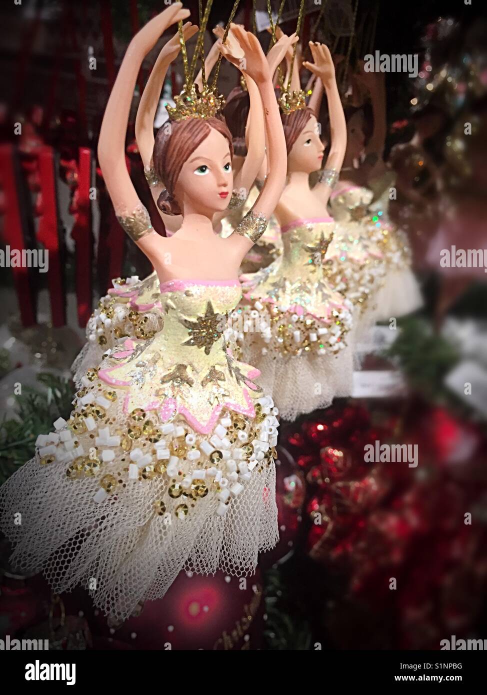 Ballet dancer Christmas tree ornaments in Macy’s holiday Lane, NYC, USA ...