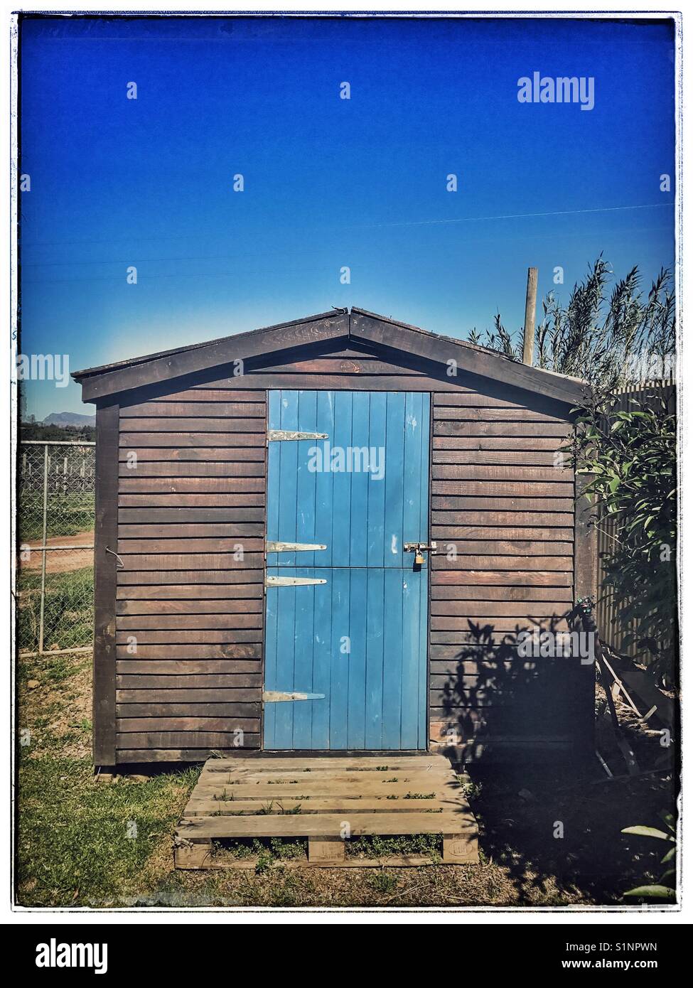 Garden shed with blue door Stock Photo - Alamy