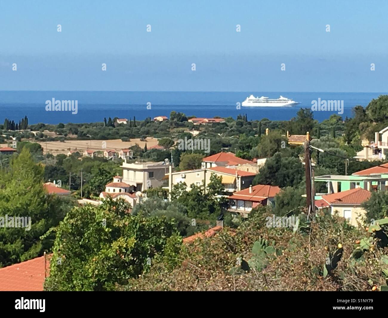 View from Kaligata with cruise ship on Kefalonia island in Ionian Sea ...