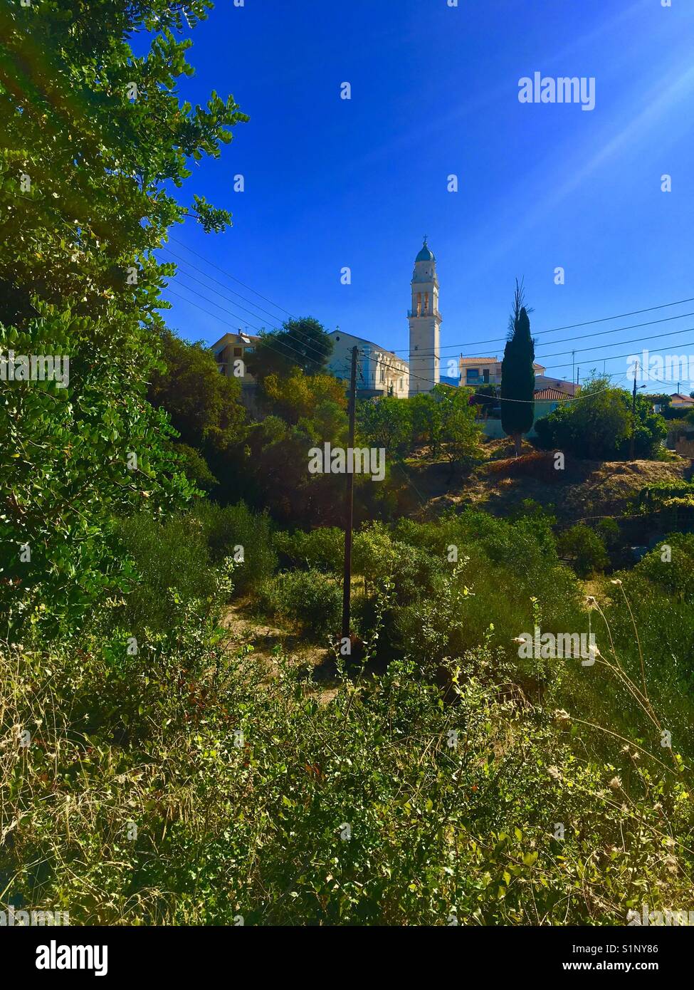 View of Kaligata and church of the Theotokos Koismis on Kefalonia ...