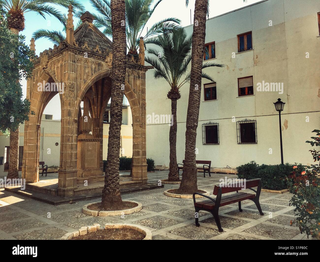 Typical Spanish square in the old town of Javea on the Costa Blanca ...