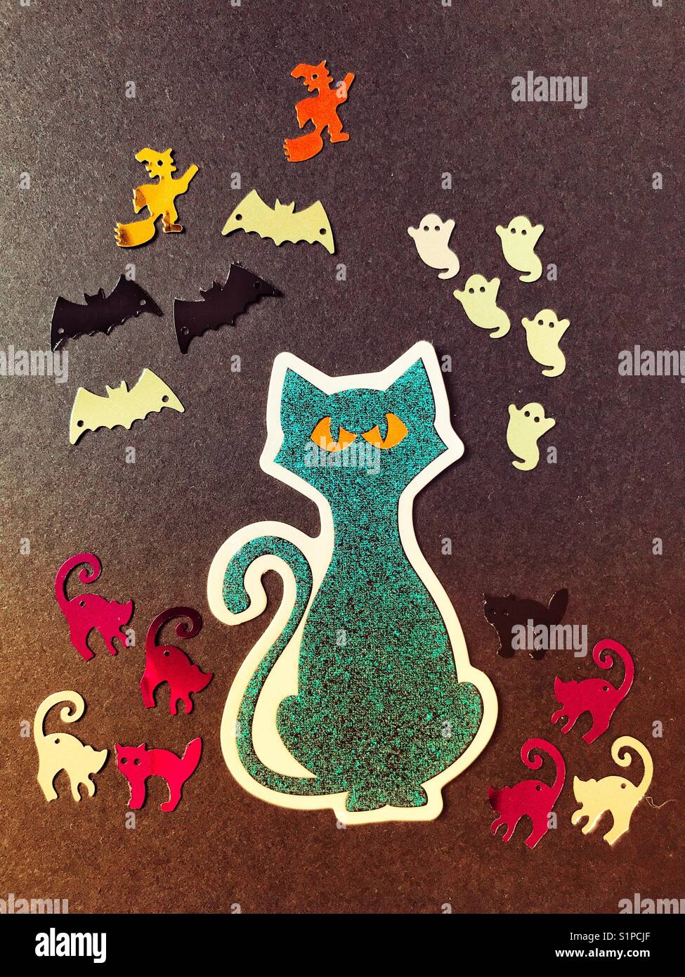 Halloween themed collage, black cat, bats, ghosts, witch Stock Photo ...