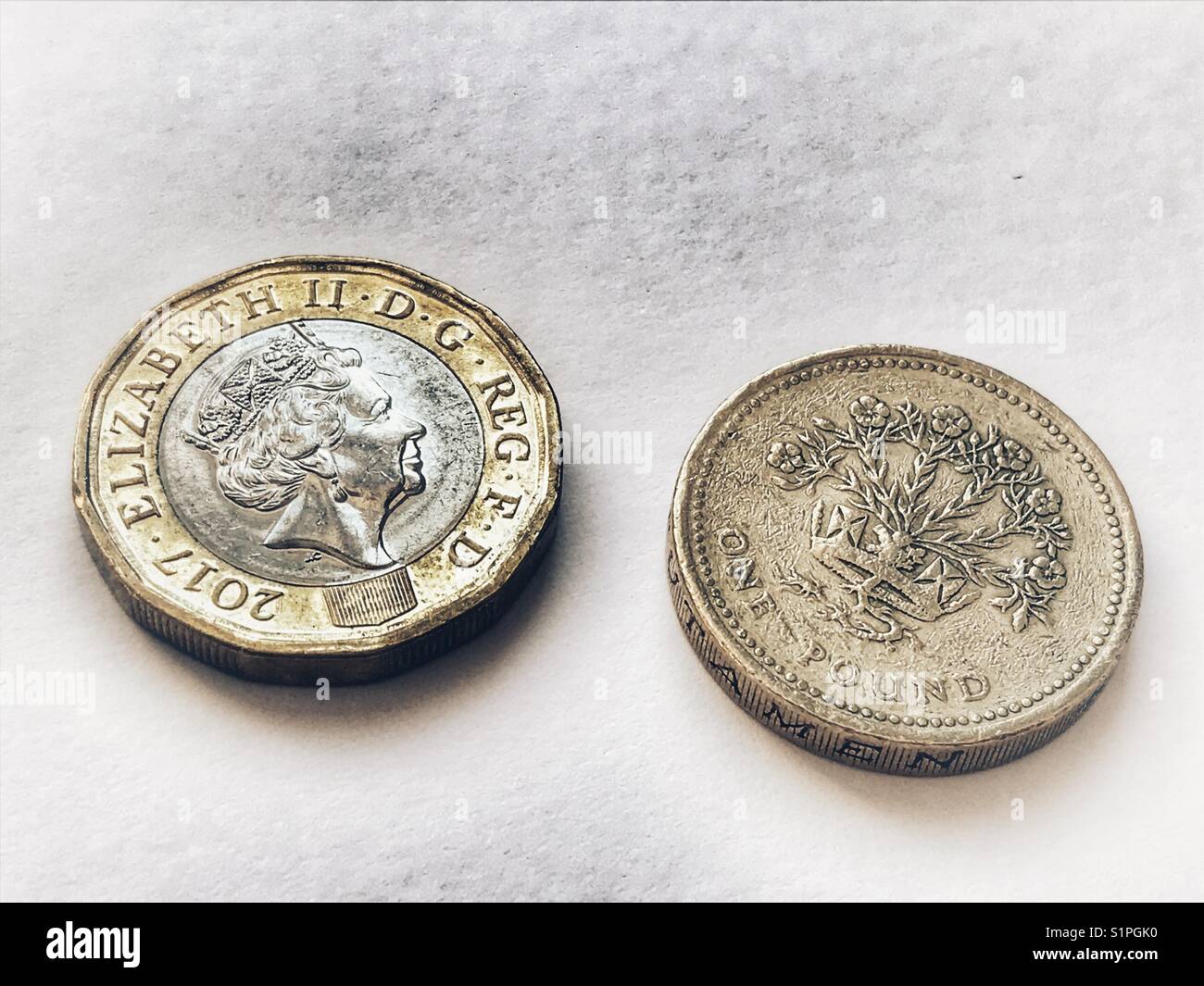 Currency, £ coins. Old and new. The old round coin is out of ...