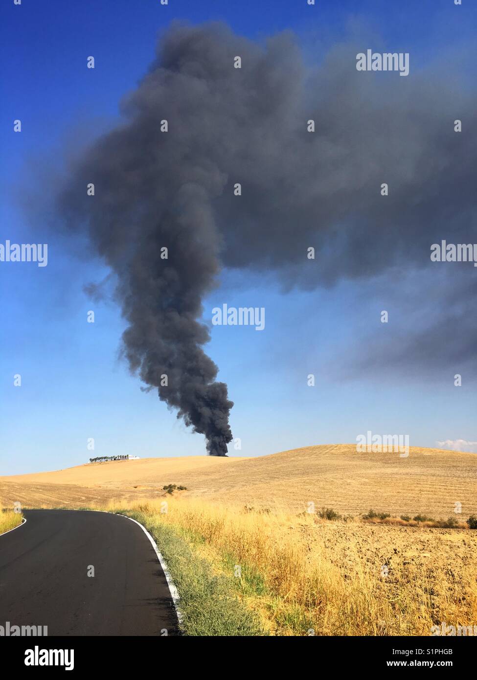 Dense column of black smoke rises from a fire at a rural recycling ...