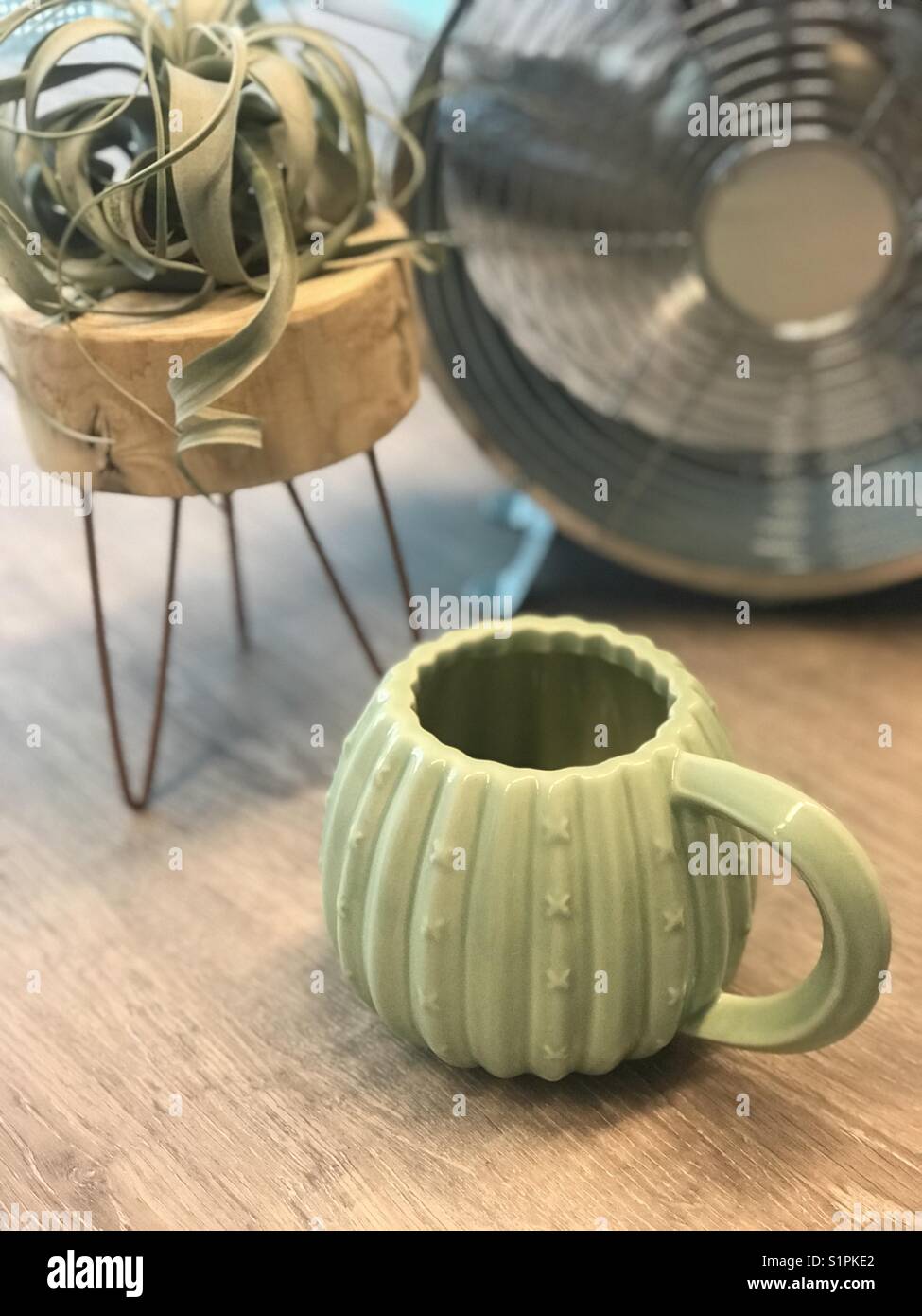 Mug, plant and fan on desk Stock Photo - Alamy