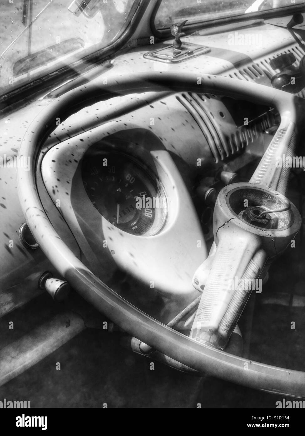 Old VW Bus steering wheel and dashboard in black and white Stock Photo ...