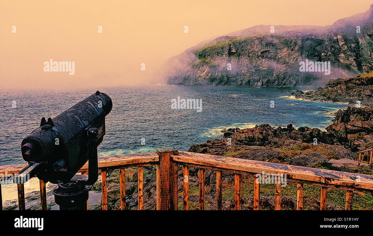 Telescope on viewing platform, Fishing Point, St Anthony, Newfoundland ...