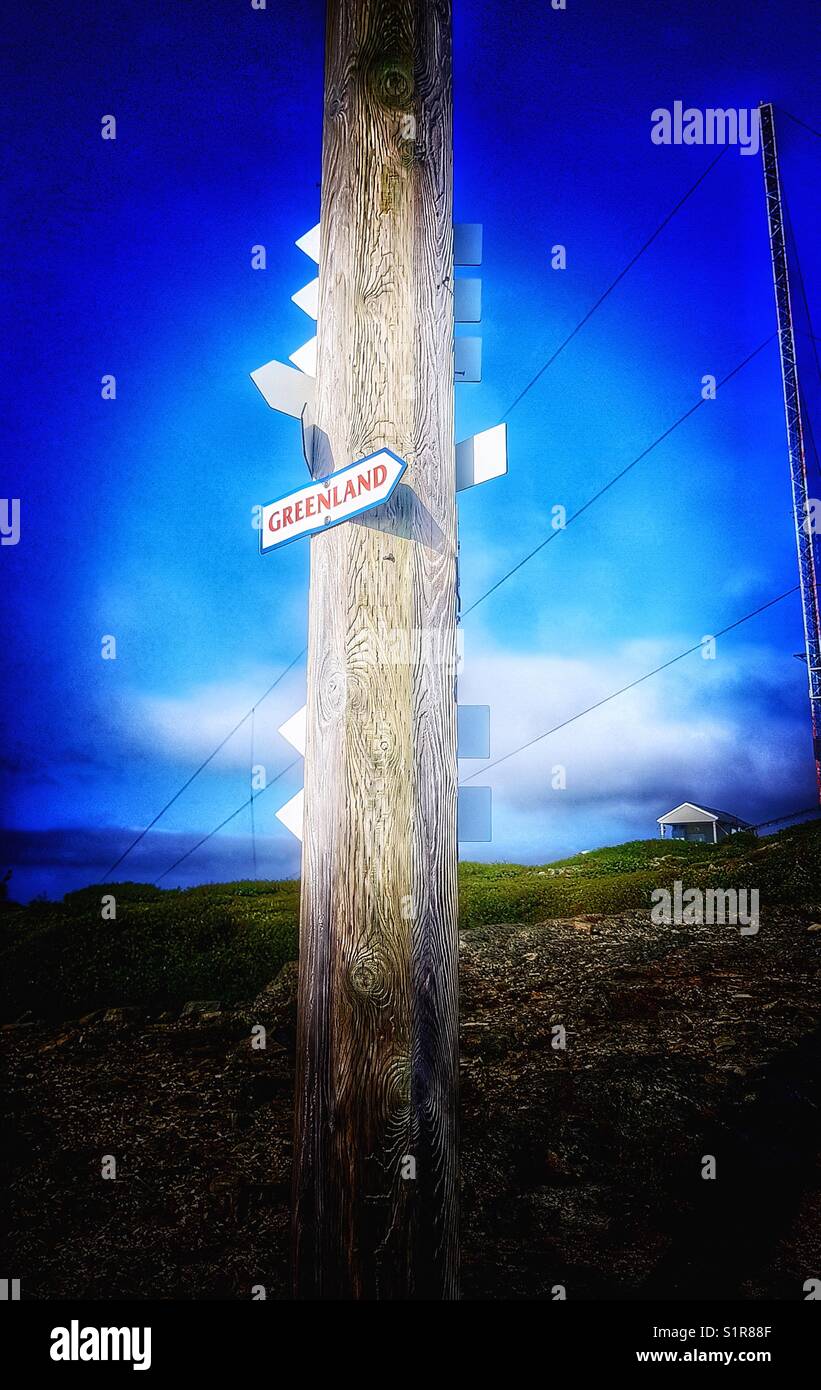Marker showing direction to Greenland, St Anthony, Newfoundland, Canada ...