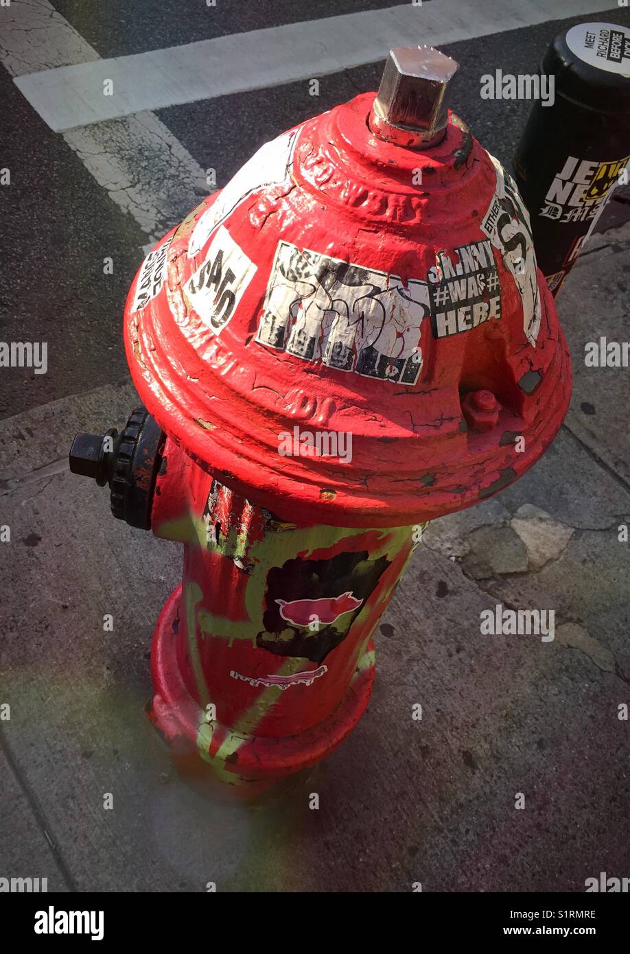 Red fire hydrant with graffiti stickers, SoHo, New York City, USA Stock ...