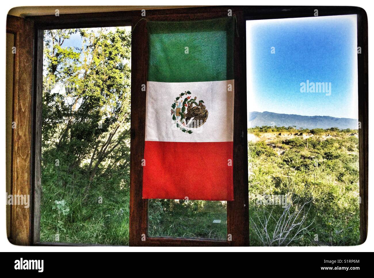 Mexican flag hanging in a window Stock Photo - Alamy