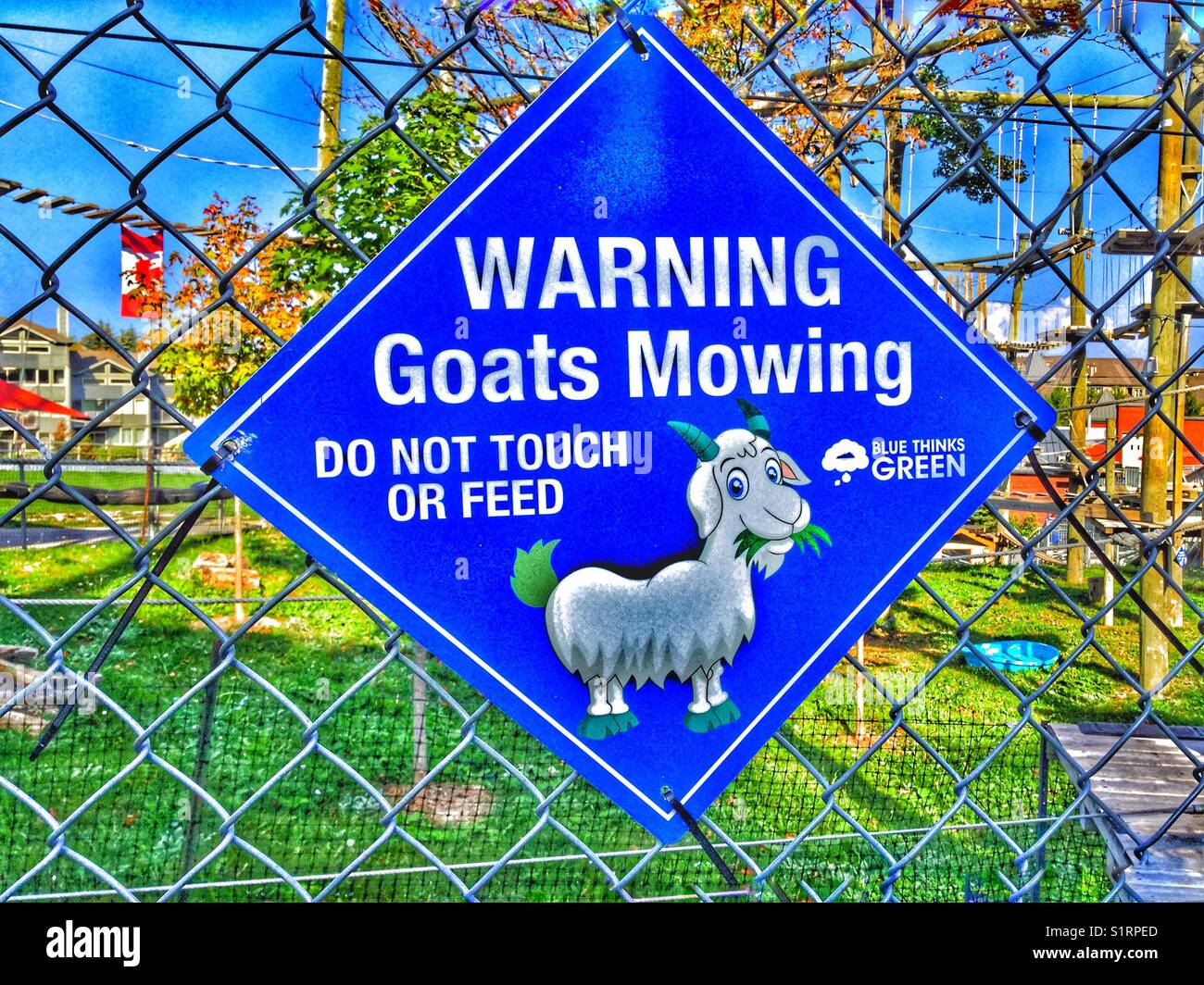 Sign indicating that goats are used to trim the grass Stock Photo - Alamy