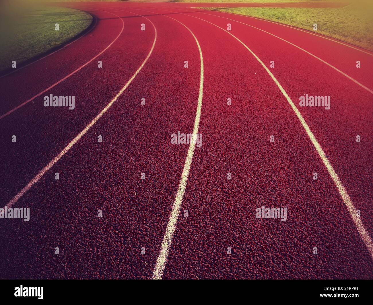 Red turf with white stripes going in perspective on a track field of a ...
