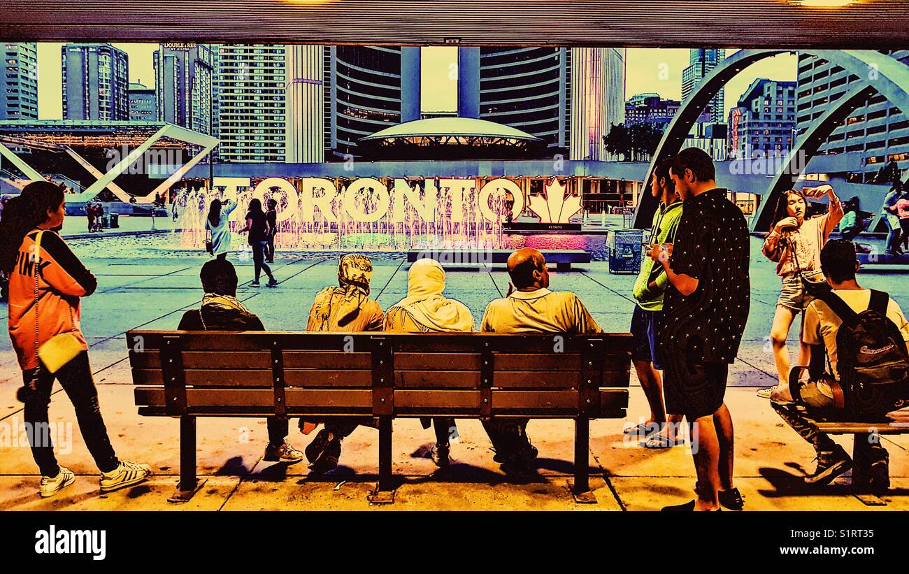 Multicultural scene and giant Toronto sign, Nathan Phillips Square ...