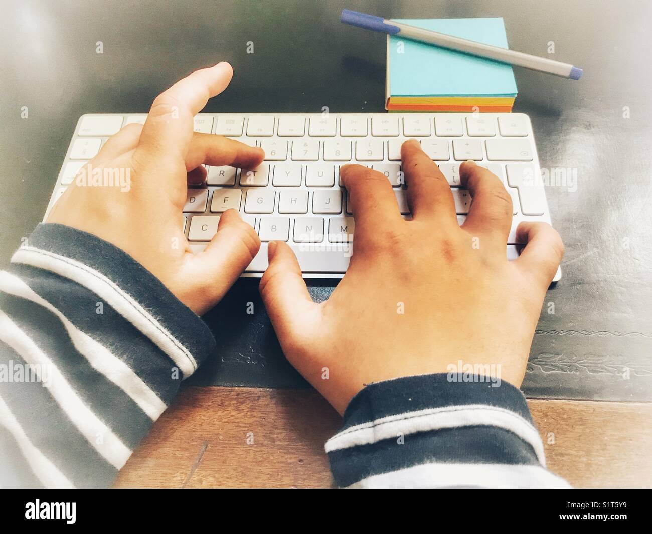 Millennial woman’s hands on computer keyboard with a pen on a blue ...