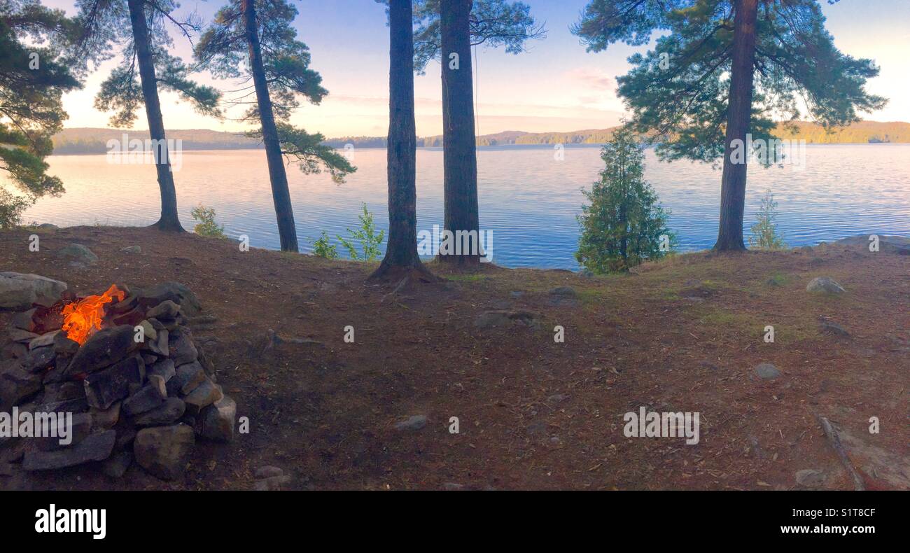 Forest Camp Fire Burning By Lake Stock Photo - Alamy
