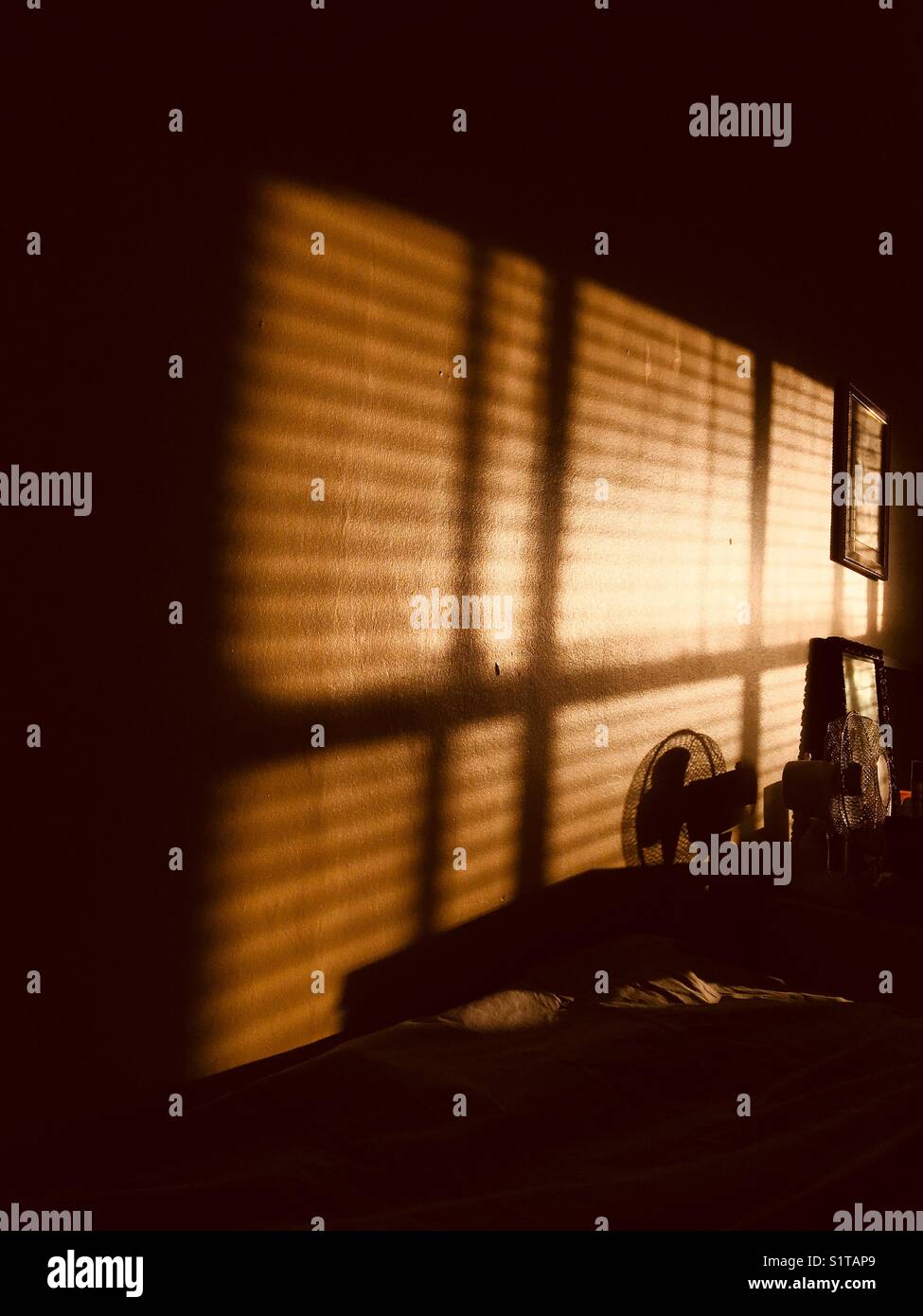 Shadow of a fan on a bedroom wall with light streaming in through the ...