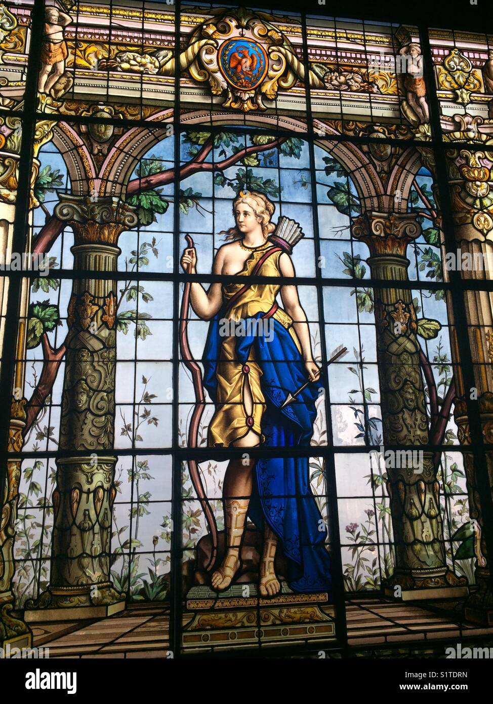 Castle vitrail glass paint Stock Photo - Alamy